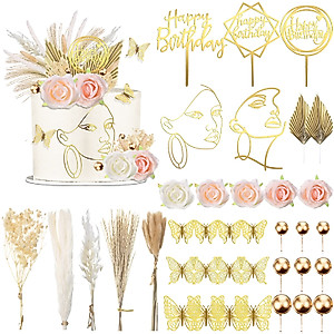 MTLEE 51 Pcs Boho Cake Topper Decorations Vintage Artificial Rose Flower Pampas Grass Acrylic Minimalist Art Lady Face Happy Birthday Ball Cake Topper for Wedding Baby Shower (Champagne Flower)