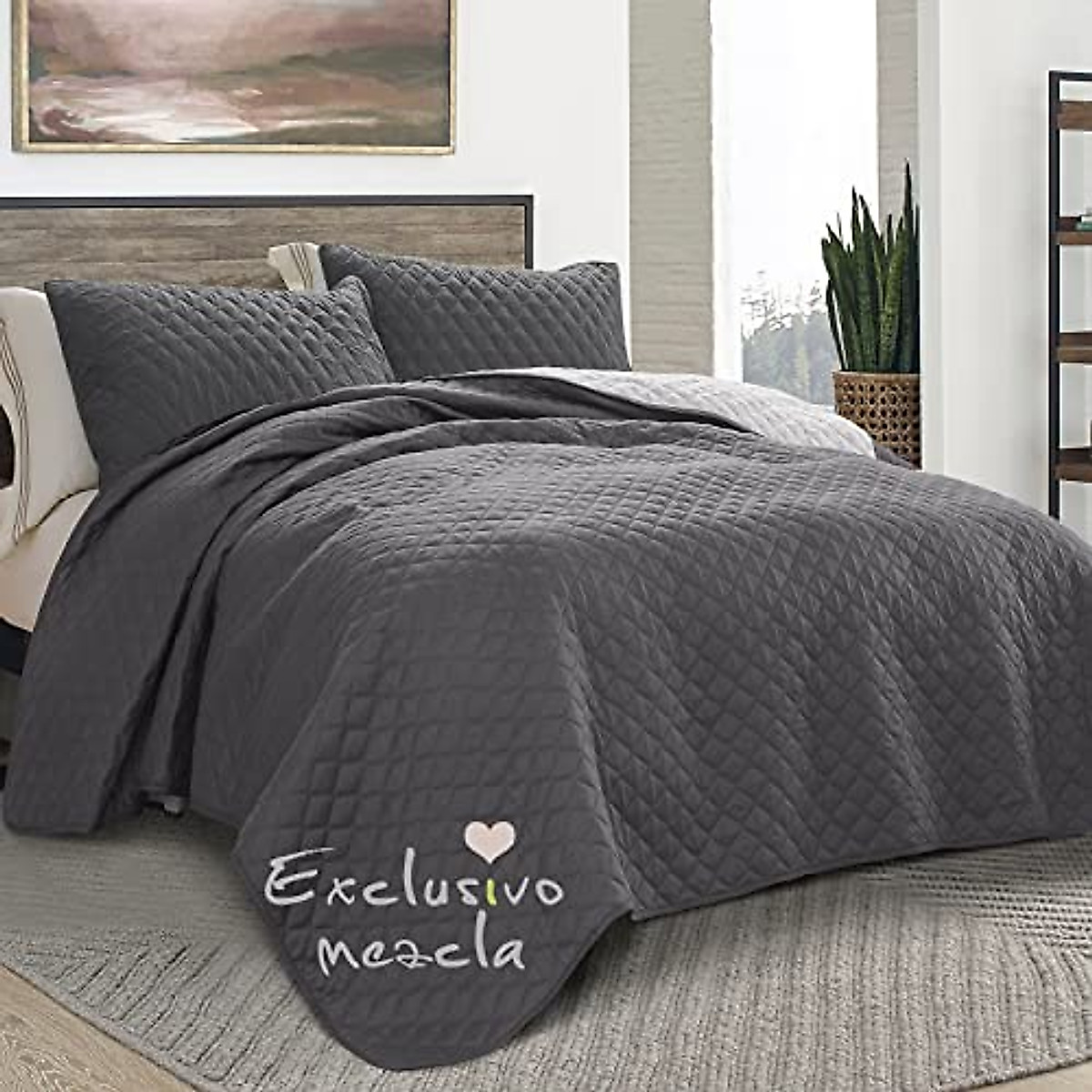 Exclusivo Mezcla Ultrasonic Reversible 3 Piece King Size Quilt Set with Pillow Shams, Lightweight Bedspread/Coverlet/Bed Cover - (Grey, 92"x104")