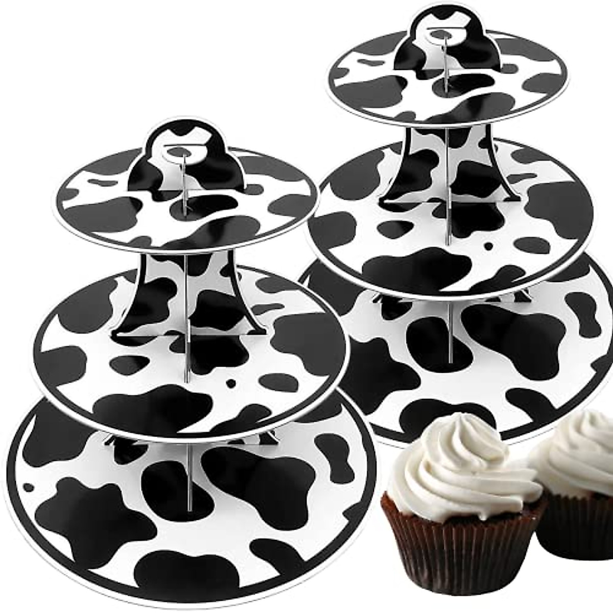 2 PCS 3-Tier Cow Print Stands Cardboard Cow Print Round Cardboard Stand Farm Animal 2 Cow Print Cupcake Stands 3 Tier Cupcake Holder Perfect for Cow Boy Party Cow Print Supplies