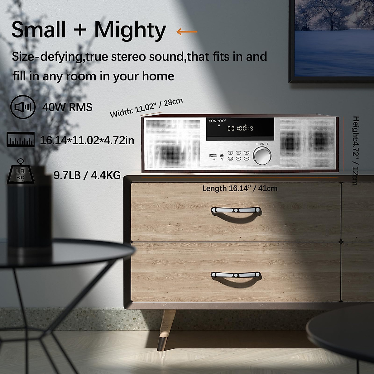 LONPOO Nostalgic Home Stereo System, Vintage Micro Component 40W RMS CD Player & Wireless Bluetooth Audio Streaming,FM Radio,USB Playback,Aux-in & Earphone Port