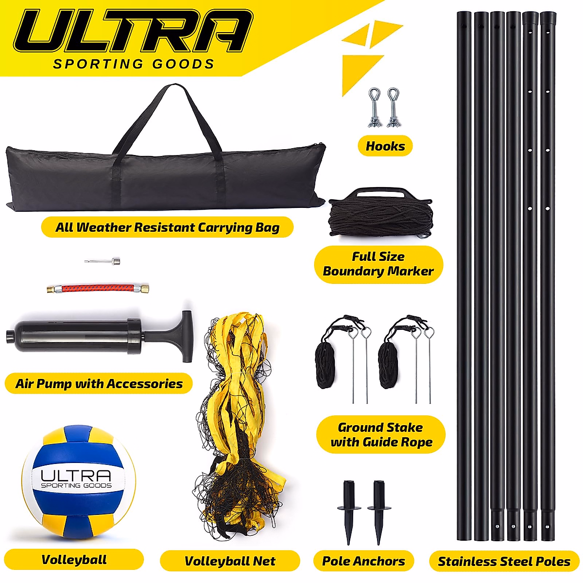 Volleyball Net Outdoor - Includes 32x3 Feet Regulation Size Net, 8.5-Inch PU Volleyball, Carrying Bag, Boundary Lines, Steel Poles & Pump - Volleyball Net for Backyard, Beach, or Pool