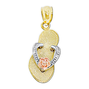 Gold Flip-flop Sandal with Flower Charm - 10 Karat Solid Gold - Sandal Pendant (Style 1)