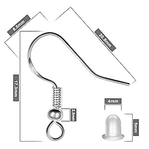 925 Sterling Silver Earring Hooks 120 PCS/60 Pairs, Ear Wires Fish Hooks, Hypo-allergenic Jewelry Findings Parts with 120 PCS Clear Silicone Earring Backs Stoppers for DIY Jewelry Making