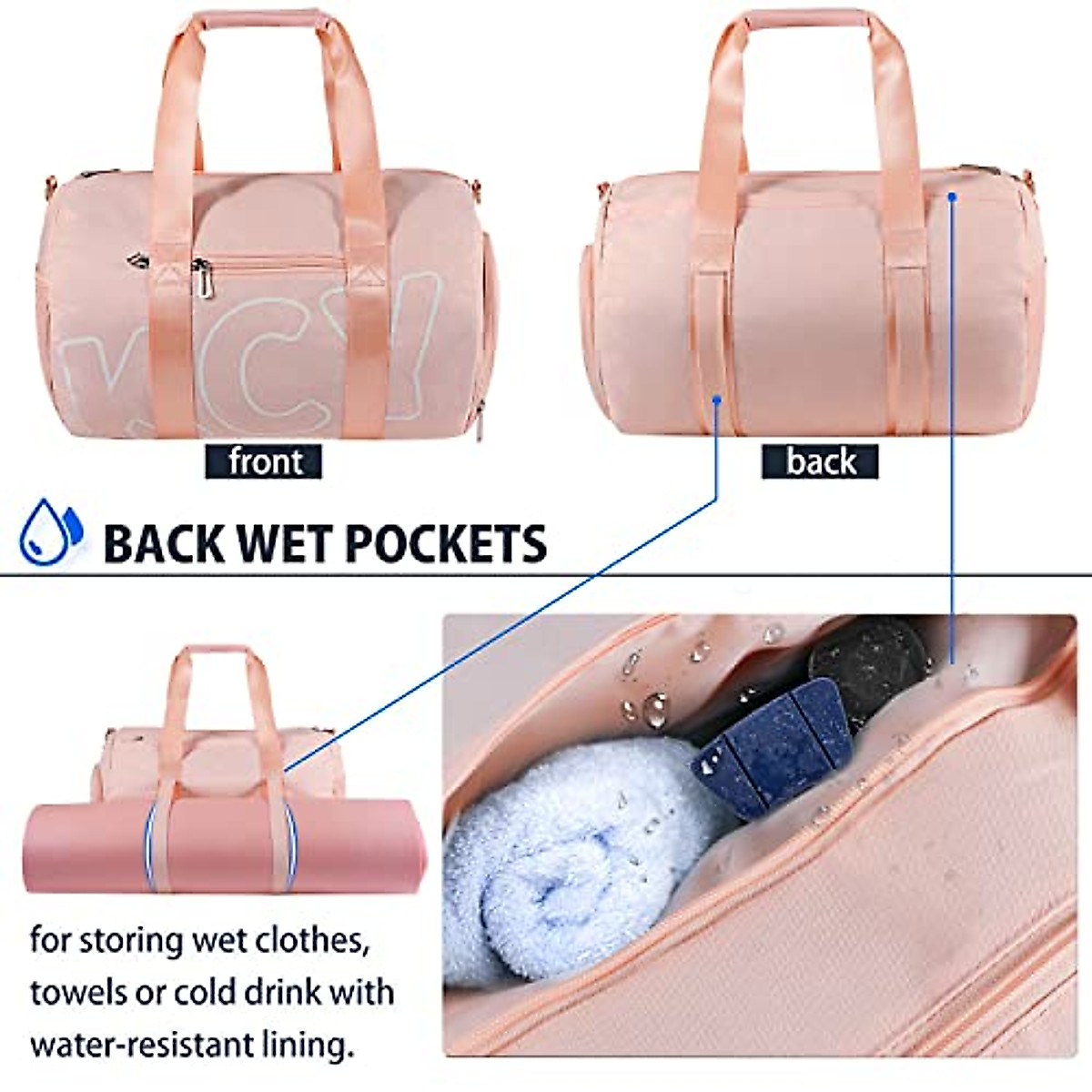 KCY Sports Gym Bag with Wet Pocket & Shoes Compartment for Women Girls, Small Sports Duffel Bag for Yoga Baseball Camping Travel, Waterproof, Lightweight, Pink