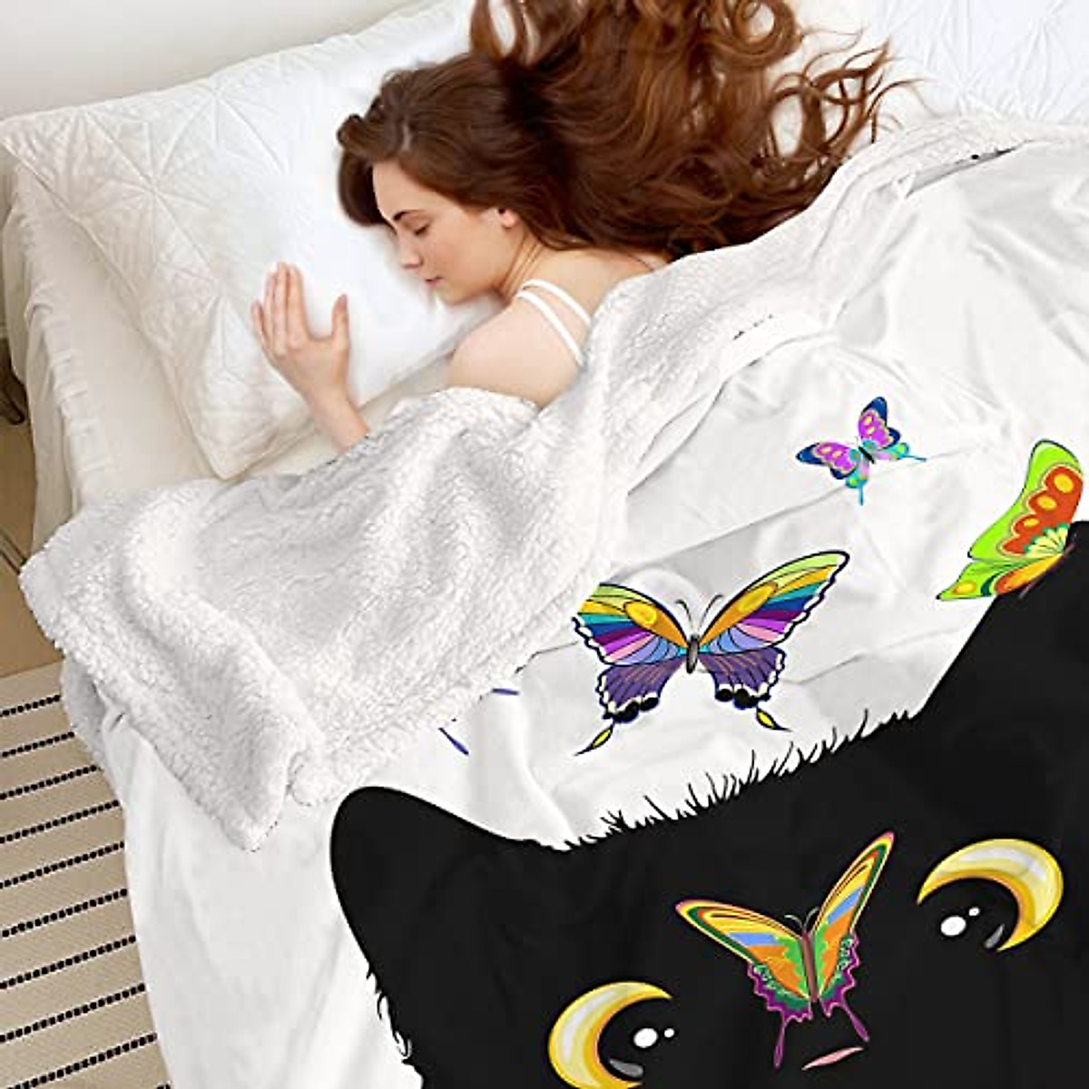 SOULZZZ Cat Blanket for Women Cozy Sherpa Cat Blankets and Throws Cute Soft Cat Blankets for Cat Lovers Girls Plush Kawaii Kitten Blanket with Butterfly Valentines Day Gifts (Black,80x60 Inches)