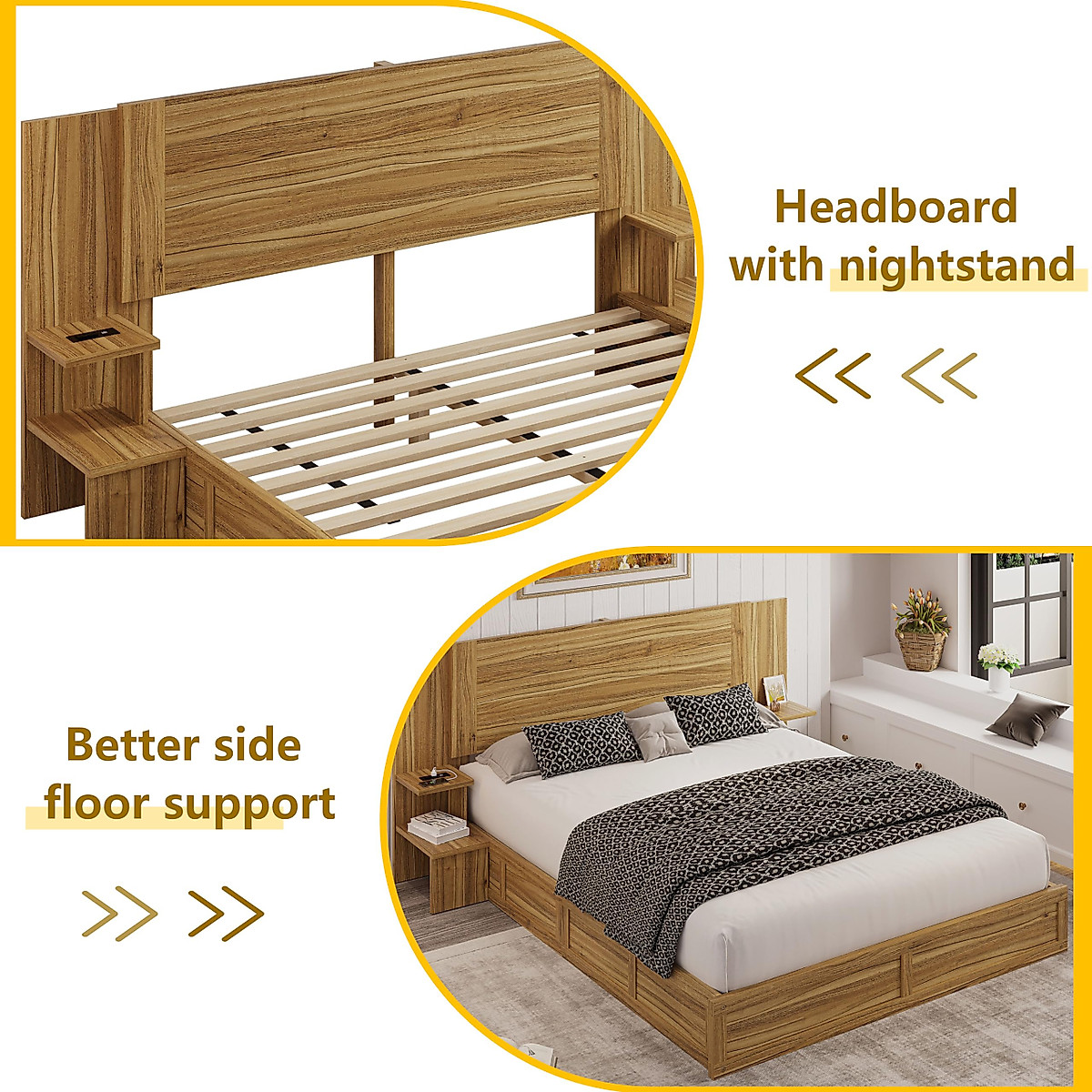 Queen Bed Frame with Rechargeable Nightstand, Wooden Platform Bed with Headboard, Sturdy and Noiseless, No Box Springs Needed, Easy to Assemble, Rustic Wood