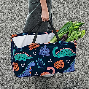 KQNZT Reusable Grocery Bags, Heavy Duty Reusable Shopping Bags, Large Tote Bags with Long Handles and Reinforced Bottom, Dinosaur Leaves Cartoon