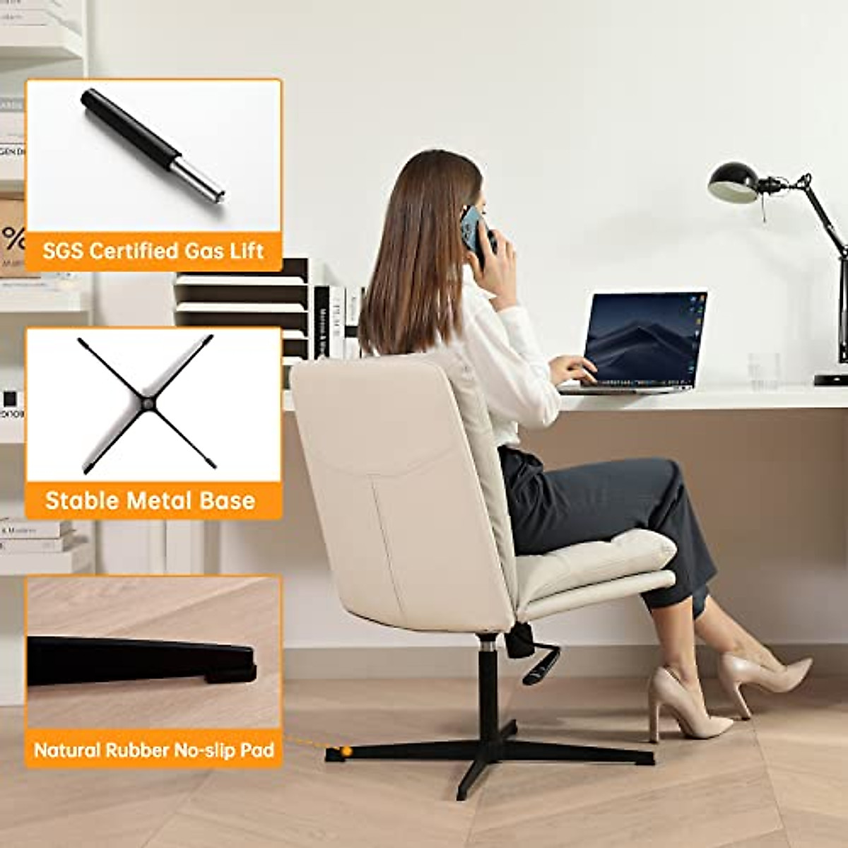 LEAGOO Mid-Back Home Office Desk Chair No Wheels, PU Padded Comfortable Armless Computer Chair Adjustable and Reclining Swivel Task Chair No Arms