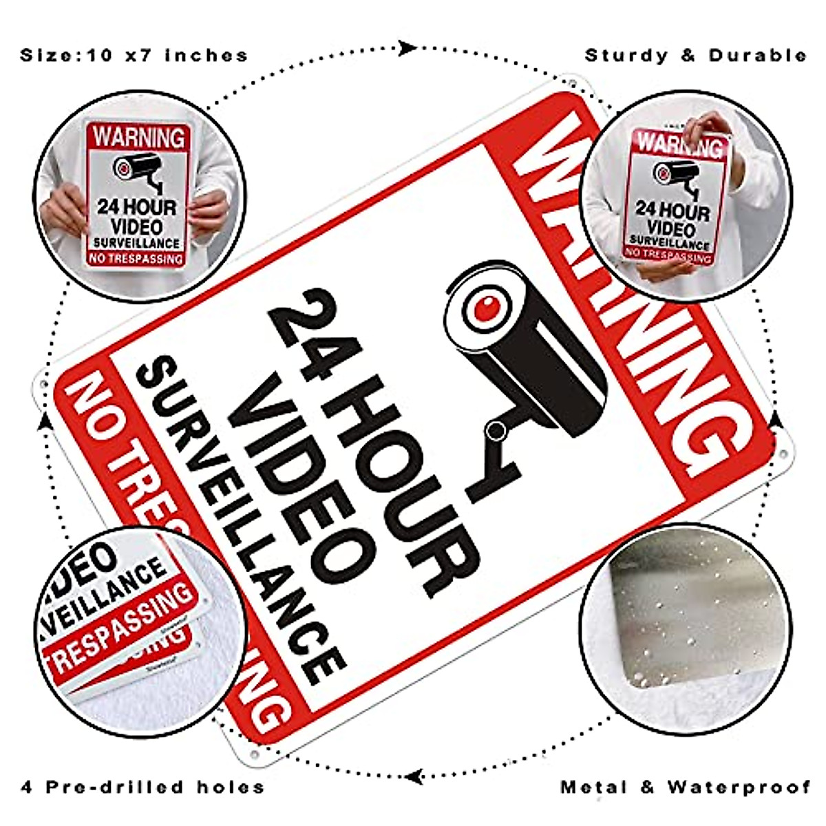 2 Pack No Trespassing Sign, 24 Hour Video Surveillance Signs, Rust-free Aluminum Metal Reflective Sign, Fake Security Camera Sign, Indoor Or Outdoor Use for Home Yard Business CCTV (10 x 7 Inches)