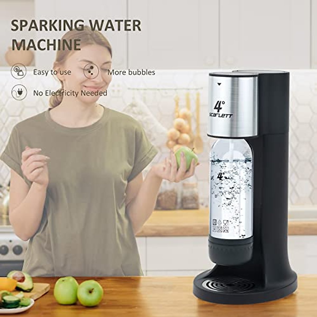 4° Sparkling Water Maker, Carbonated Water Machine and Soda Maker Machine for Home or Office, with 1.0L BPA-free Sparkling Water Bottle, Compatible with Any Screw-in 60L CO2 Carbonator(NOT Included)(Matte Black)