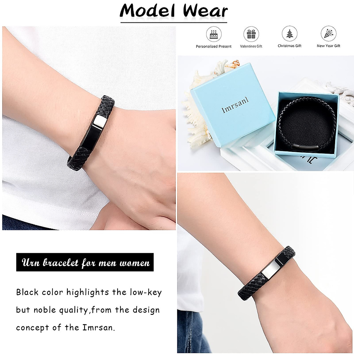 Imrsanl Cremation Jewelry Urn Bracelet for Ashes Memorial Braided Leather Urn Bracelet Wristband for Ashes of Loved Ones Keepsake Cuff Bangle Jewelry for Women Men (Black-20cm/7.87inch)