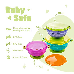 Baby Bowls with Suction - Suction Bowl for Toddlers, Set of 3 Stackable Feeding Bowls with Spill-Proof Lids, Silicone Placemat Bowl