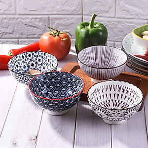 Set of 4 Rice Bowls, 4.5 Inch, Japanese Style Ceramic Rice Bowls, Glazed Tableware of Various Designs, Suitable for Dessert Snacks, Cereal Soup