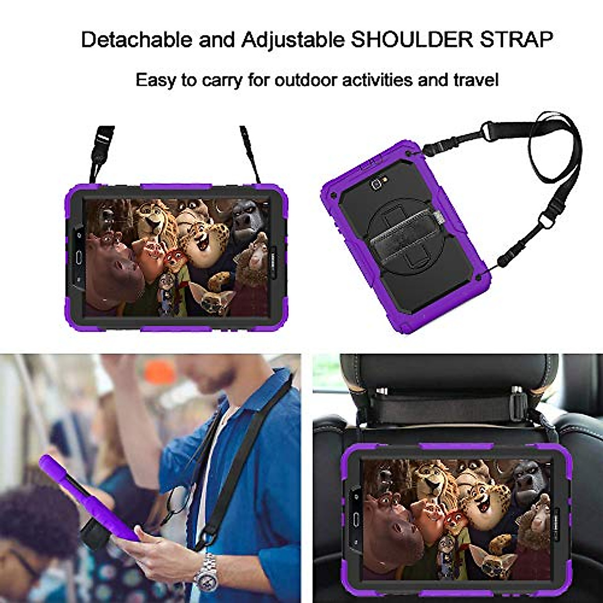 CLARKCAS Case for Samsung Galaxy Tab A 10.1 Case 2016 SM-T580/T585 with Screen Protector Kids Shockproof Rugged Cover Pencil Holder 360 Kickstand Hand Shoulder Strap Purple