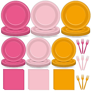 96Pcs Pink And Orange Plates Napkins Hot Pink Orange Tableware Party Supplies Pink And Peach Orange Neon Dinnerware for Birthday Baby Shower Summer Sunrise Bachelorette Party Decorations for 24 Guests