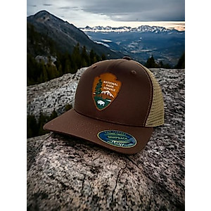 National Park Service Trucker mens Snapback Hat with National Park Service (NPS) Woven Patch (Brown on Khaki)
