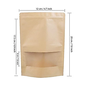 72pcs 4.7x7.8" Kraft Paper Stand Up Bags with Matte Window, Resealable Ziplock Food Storage Pouches for Coffee Packaging, Reusable