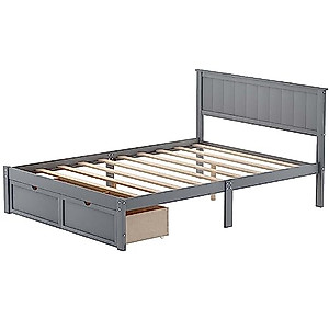 Full Size Platform Bed Frame with Under-Bed Drawers & Headboard, Platform Bed with No Box Spring Needed, Sturdy Wooden Slats Support for Bedroom Small Living Space Boys Girls Room (Gray, Full)