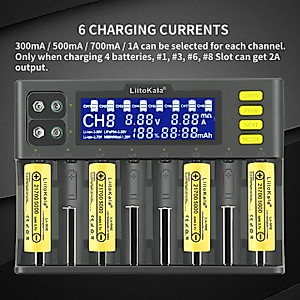 LiitoKala LII-S8 18650 Battery Charger 8+2 Bay Smart Universal Charger LCD Display for Li-ion(IMR/ICR) LiFePO4 Ni-MH/Cd AA AAA C 18650 21700 26650 18350 14500 RCR123 Batteries & 9V Batteries