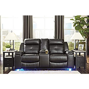 Signature Design by Ashley Kempten Faux Leather Manual Reclining Sofa with High Back, Center Console and Blue LED Lighting, Black