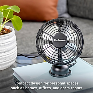 HOLMES 4" Mini Heritage Desk Fan, USB-Powered, Single Speed, 4 Blades, Adjustable 100° Head Tilt, Metal Construction, Ideal for Home, Dorm Rooms, Bedrooms, Office or Travel, Vintage Matte Black