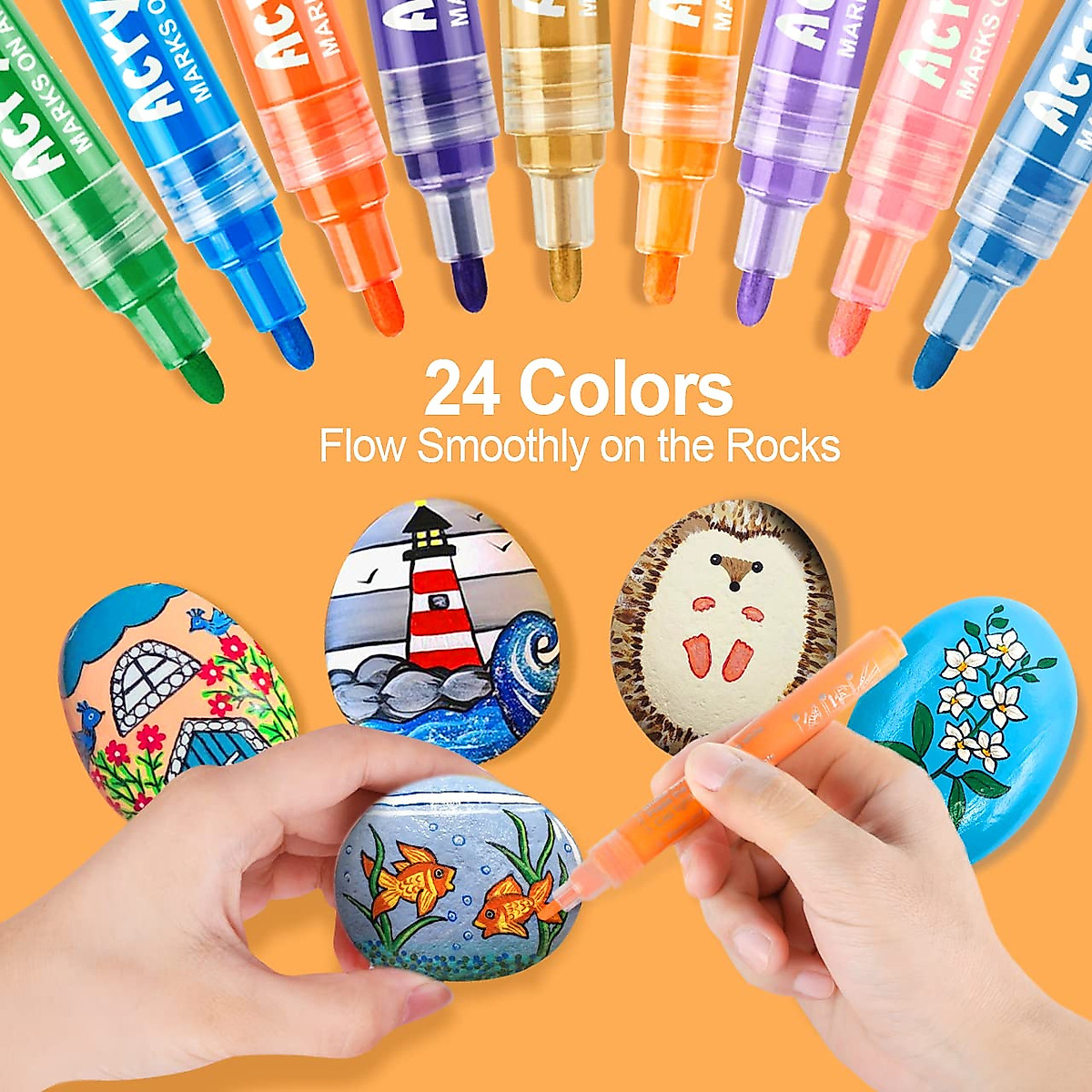 Emooqi Paint Pens, Acrylic Paint Markers 24 Colors Waterproof Pen Set for Rock Painting DIY Craft Supplies Ceramic Glass Canvas Mug Metal Wood-2-3mm Medium Tip