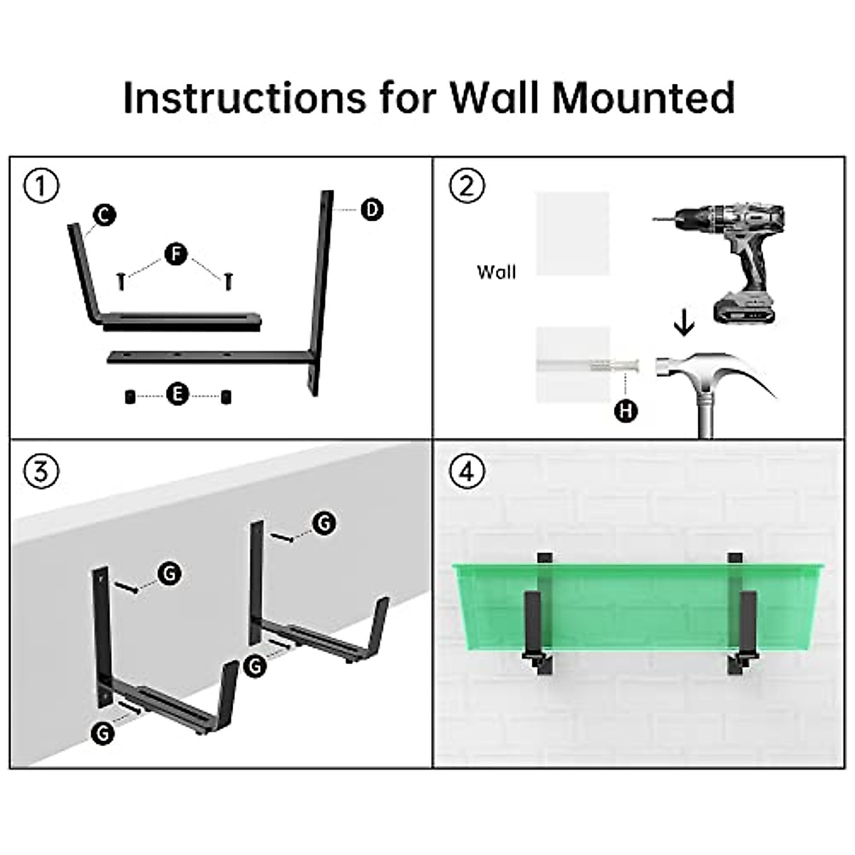 Y&M 4 Pcs Deck Railing Adjustable Planter Box Brackets (6 to 12.5 in), Universal Window Box Brackets, Heavy Duty Iron Flower Box Wall Mounting Hooks for Balcony, Fences, Patio, and Garden - Black