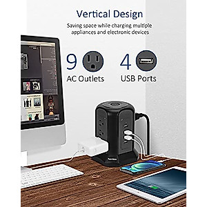 Power Strip Tower Surge Protector, SUPERDANNY Desktop Charging Station, 10 Ft Extension Cord, 9 Outlets, 4 USB Ports, 1080 Joules, 3-Prong, Grounded, Multiple Protections for Home, Office, Black