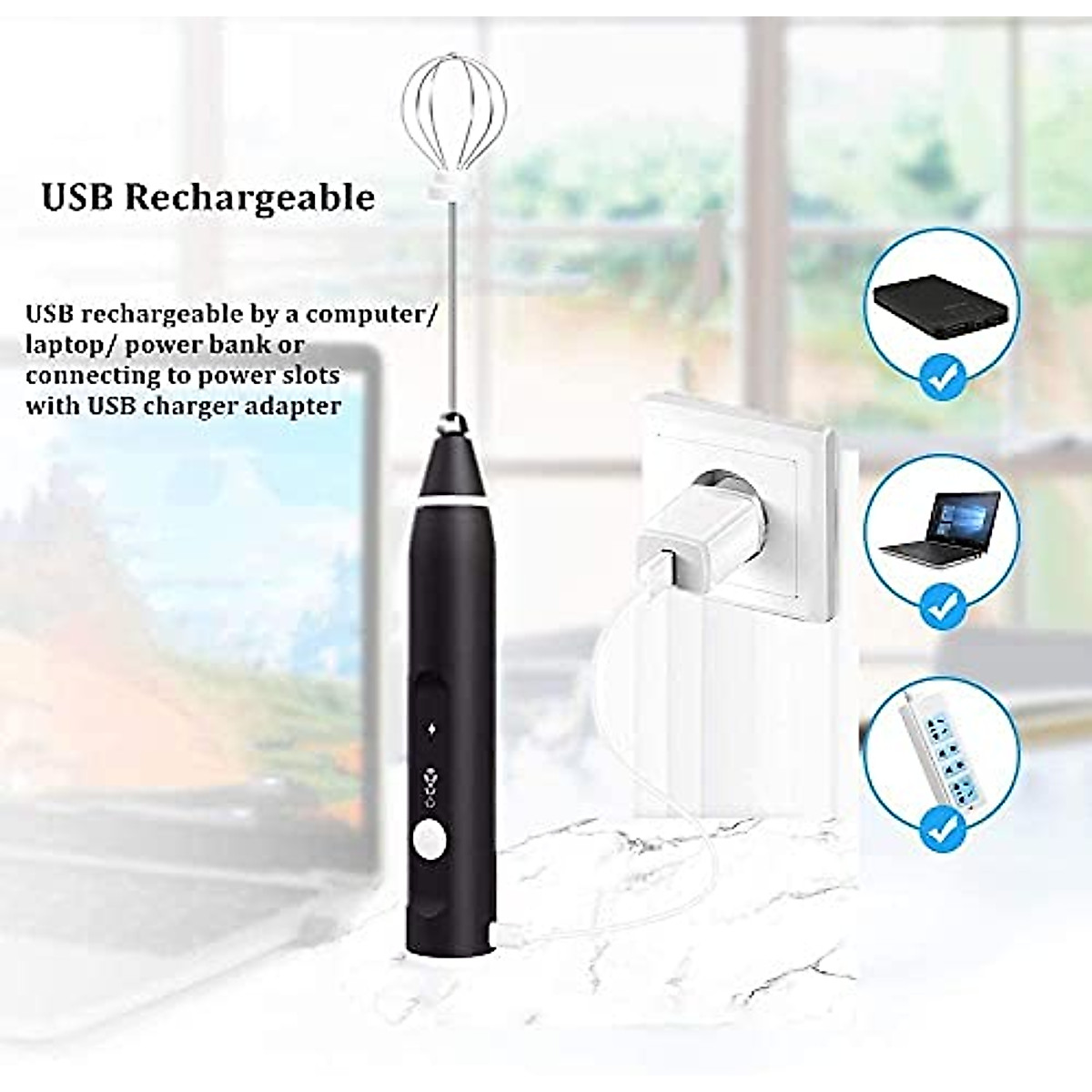 Milk Frother Handheld, Immersion Blender Cordlesss Foam Maker USB Rechargeable Small Mixer with 2 Stainless Whisks，Wisker for Stirring 3-Speed Adjustable Mini Frother for Cappuccino Latte Coffee Egg