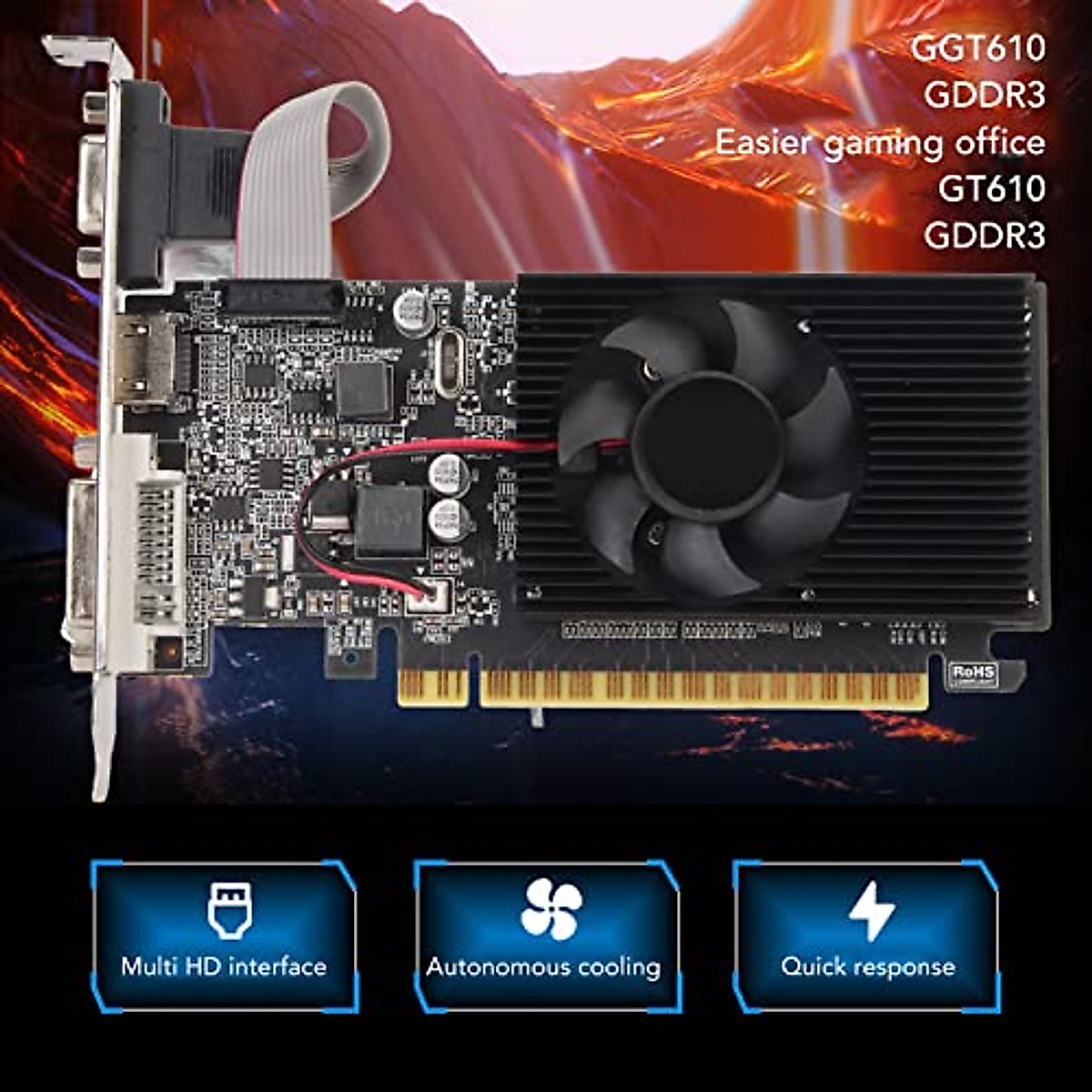 GT610 1GB DDR3 Graphics Card, 64bit 1800MHz Computer Video Card with Cooling Fan, DVI, VGA, HDMI, PCIe X16 2.0 Bus