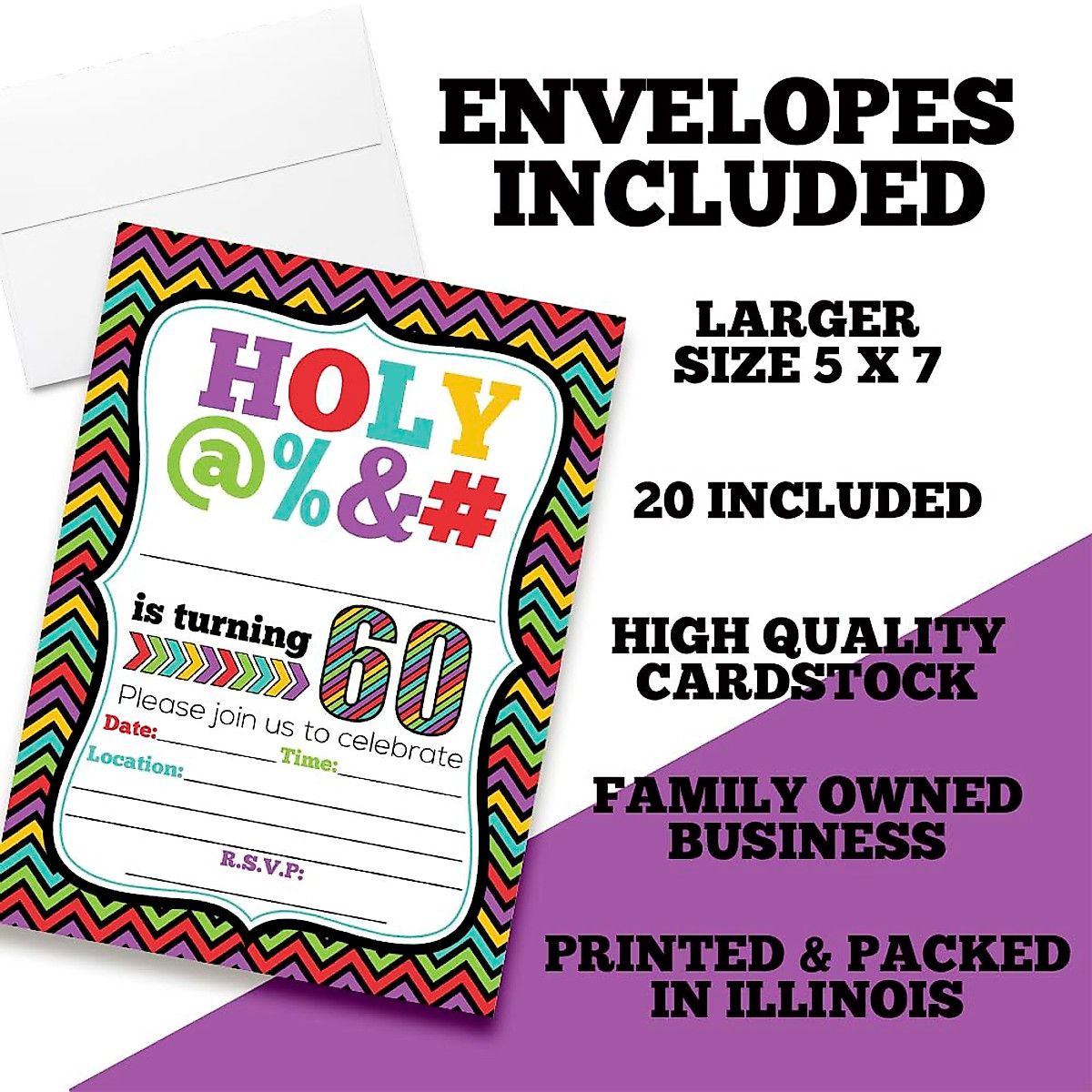 HOLY @% 60th Birthday Party Invitations, 20 Funny 5x7 Fill In Cards with Twenty White Envelopes for Milestone Birthdays by AmandaCreation