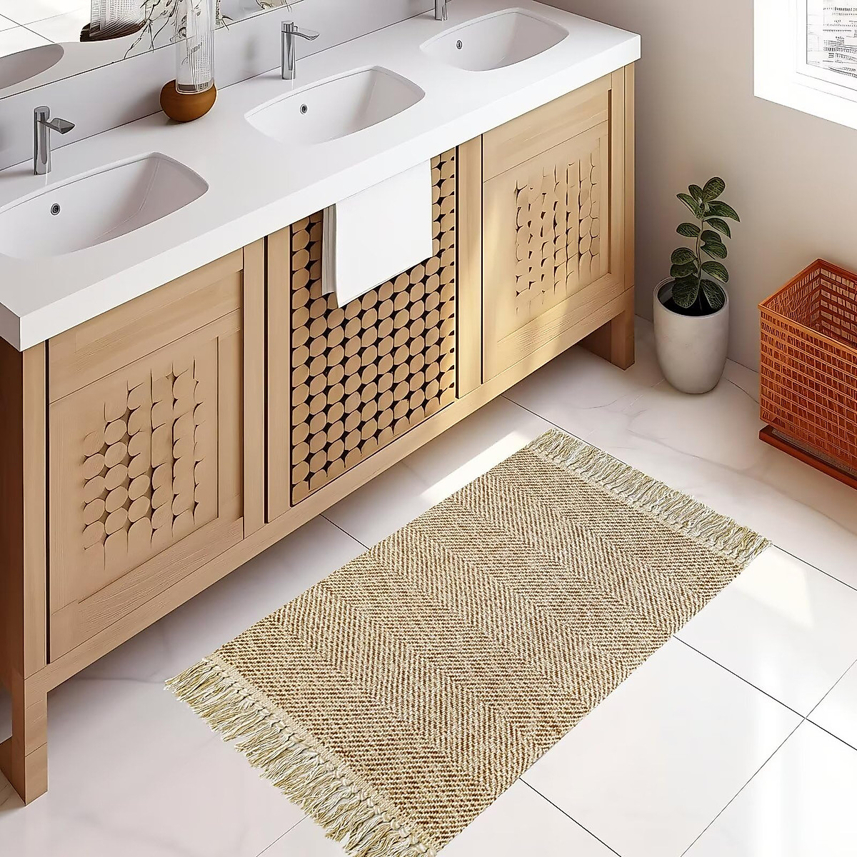 Small Bathroom Rug, 2'x 3' Boho Entryway Rug Washable Cotton Woven Front Door Mat with Tassels, Low Pile Reversible Kitchen Rugs Soft Tan Throw Rug Farmhouse Carpet for Indoor Entry Décor