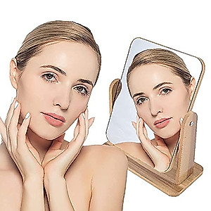 LOTIKO Natural Wooden Vanity Makeup Mirror,7 Inch Single Sided 360 Degree Swivel Mirror,Portable Removable Countertop Private Room High-Definition Desk Mirror(Square)