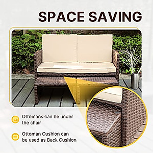 OC Orange-Casual Outdoor Loveseat 3 Piece Patio Furniture Set Outdoor Conversation Set All-Weather Wicker Love Seat with Ottoman/Side Table, Brown Rattan, Beige Cushion