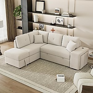 Merax Sofa Bed Sleeper Couch L Shaped Sofa with Storage Ottoman, 2 Throw Pillows and 2 Stools, Sectional Pull Out Sofa Bed with Wireless Charger and 2 Hidden USB Ports for Living Room (Cream)