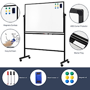 Dry Erase Board White Board - TANKEE 48 x 32 Inches Height Adjustable Rolling Mobile Whiteboard on Wheels, Large Double-Sided Reversible Magnetic White Board with Stand, for Office Classroom Home