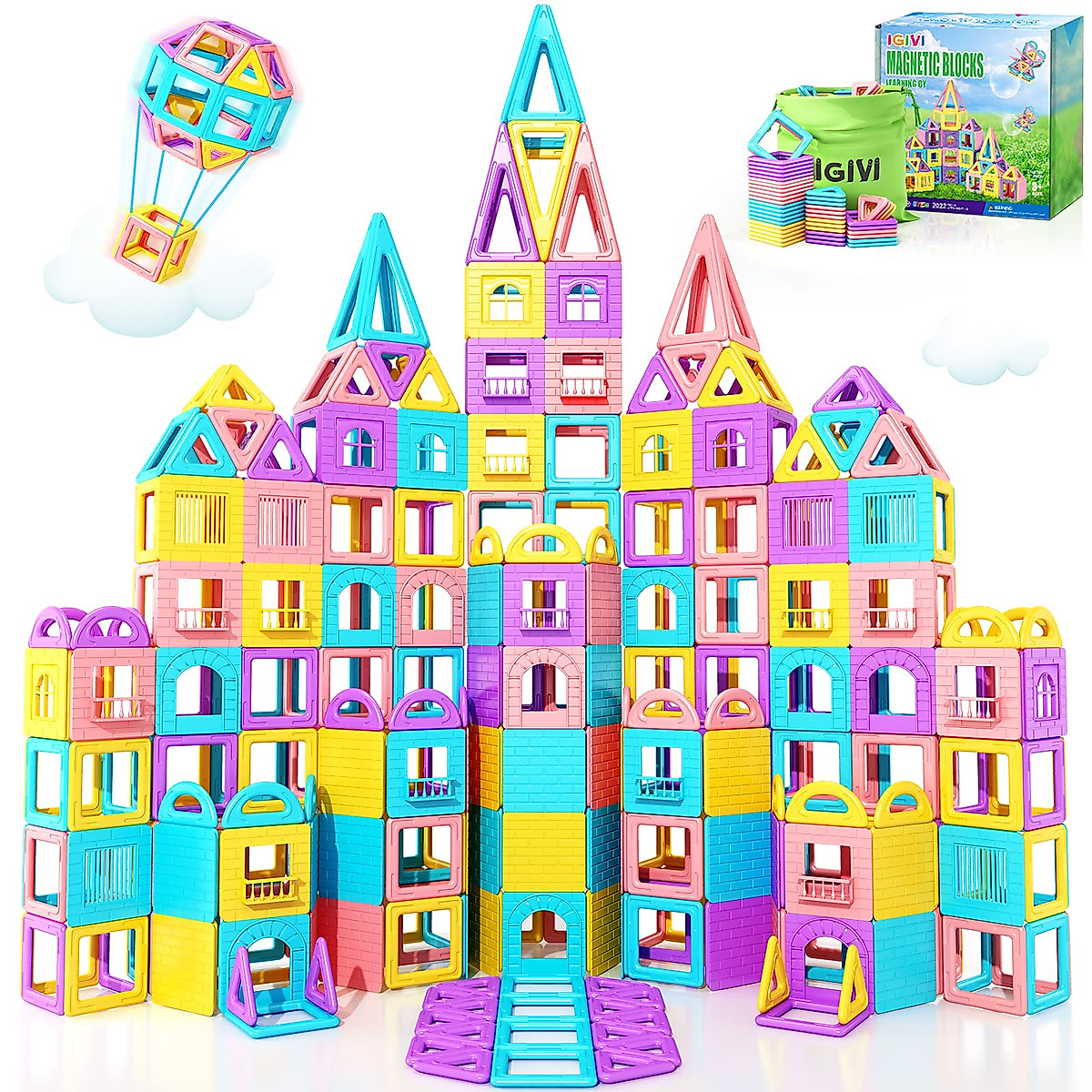 54 PCS Magnetic Blocks, Toddler Toys for 3+ Year Old Girls & Boys, Magnetic Tiles Castle Building Blocks Princess Toys, Birthday Gifts for 3 4 5 6 7 8 Year Old, Learning STEM & Sensory Toys for Kids