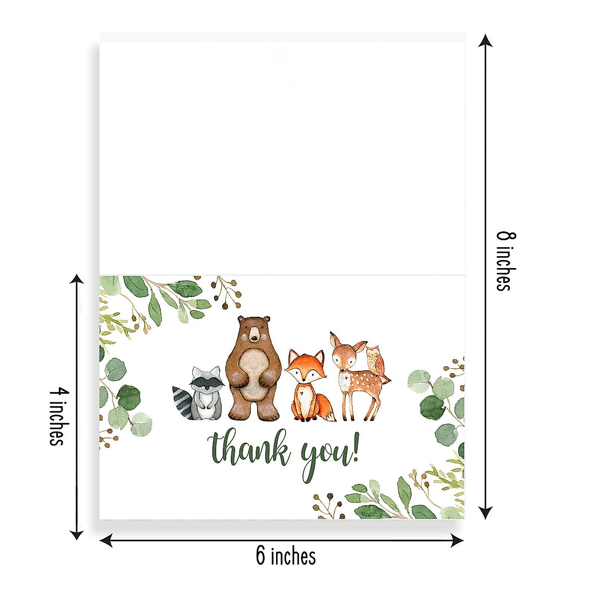 50 Woodland Thank You Cards, 4x6" Forest Animals Thank You Notes with Matching Green Envelopes & Stickers, Greenery Notecards, Woodland Baby Shower Thank You Cards