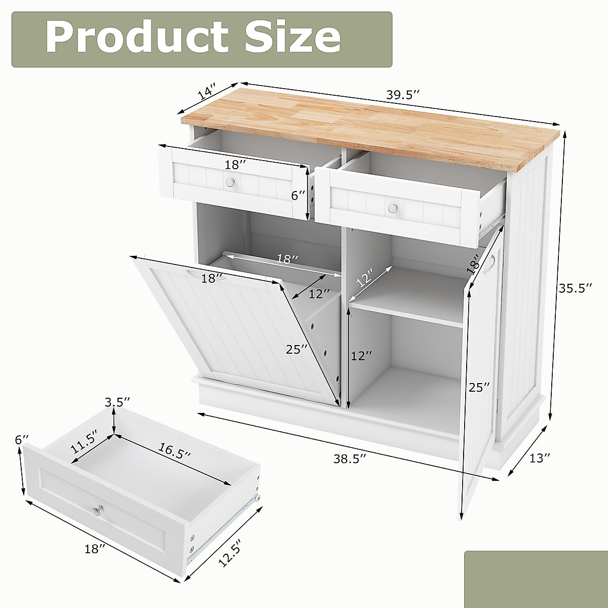 LOKO Kitchen Tilt Out Trash Cabinet, Modern Trash Cabinet with 2 Drawers & Adjustable Shelf, Pet Proof Trash Can Cabinet with Rubber Wood Tabletop, Ideal for Living Room, Dining Room (White)