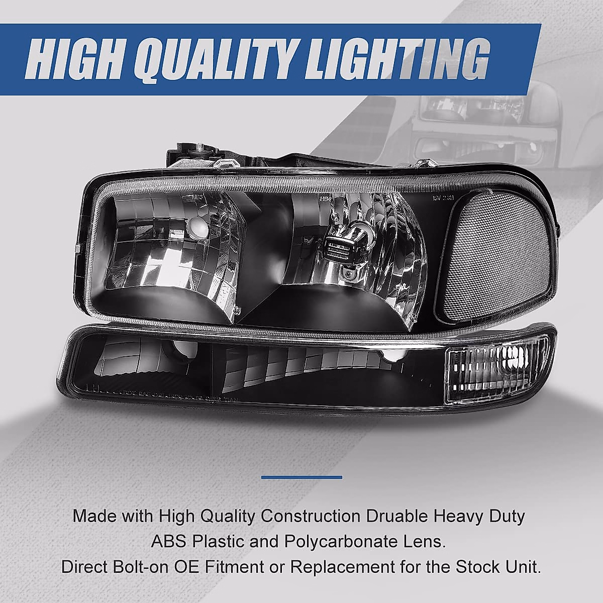 Auto Dynasty 4PCS Factory Style Headlights Assembly and Bumper Lamps Compatible with GMC Sierra Yukon 1500 2500 3500 GMT800 99-07, Driver and Passenger Side, Black Housing Clear Corner