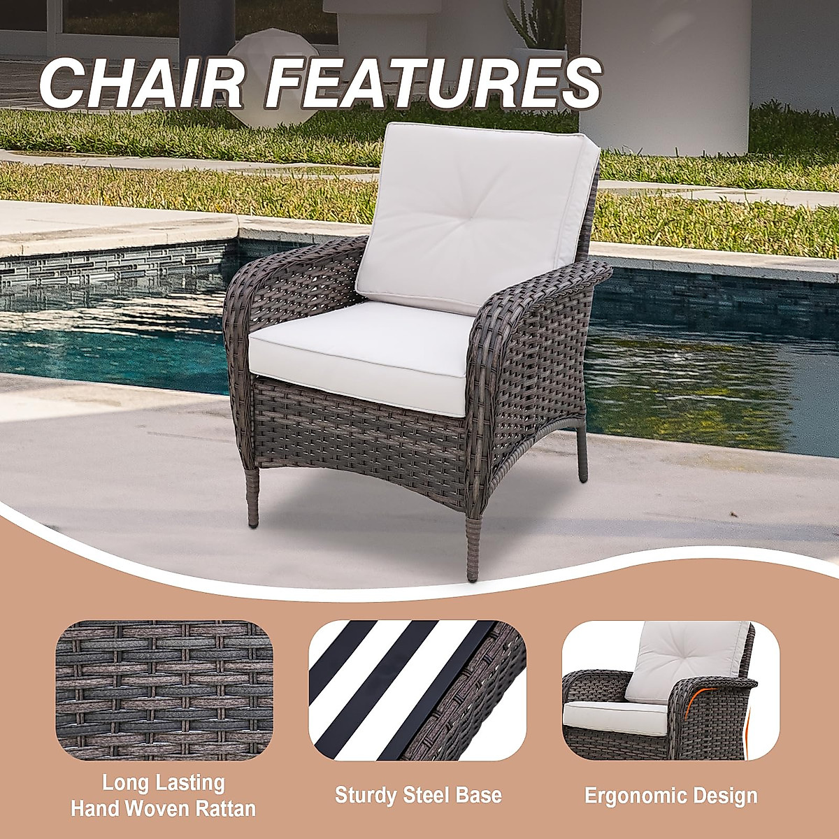 COOS BAY 2-Piece Outdoor Wicker Patio Chair, 2pc PE Rattan Dining Chairs for Garden, Lawn, Deck, Backyard, Beige/Brown