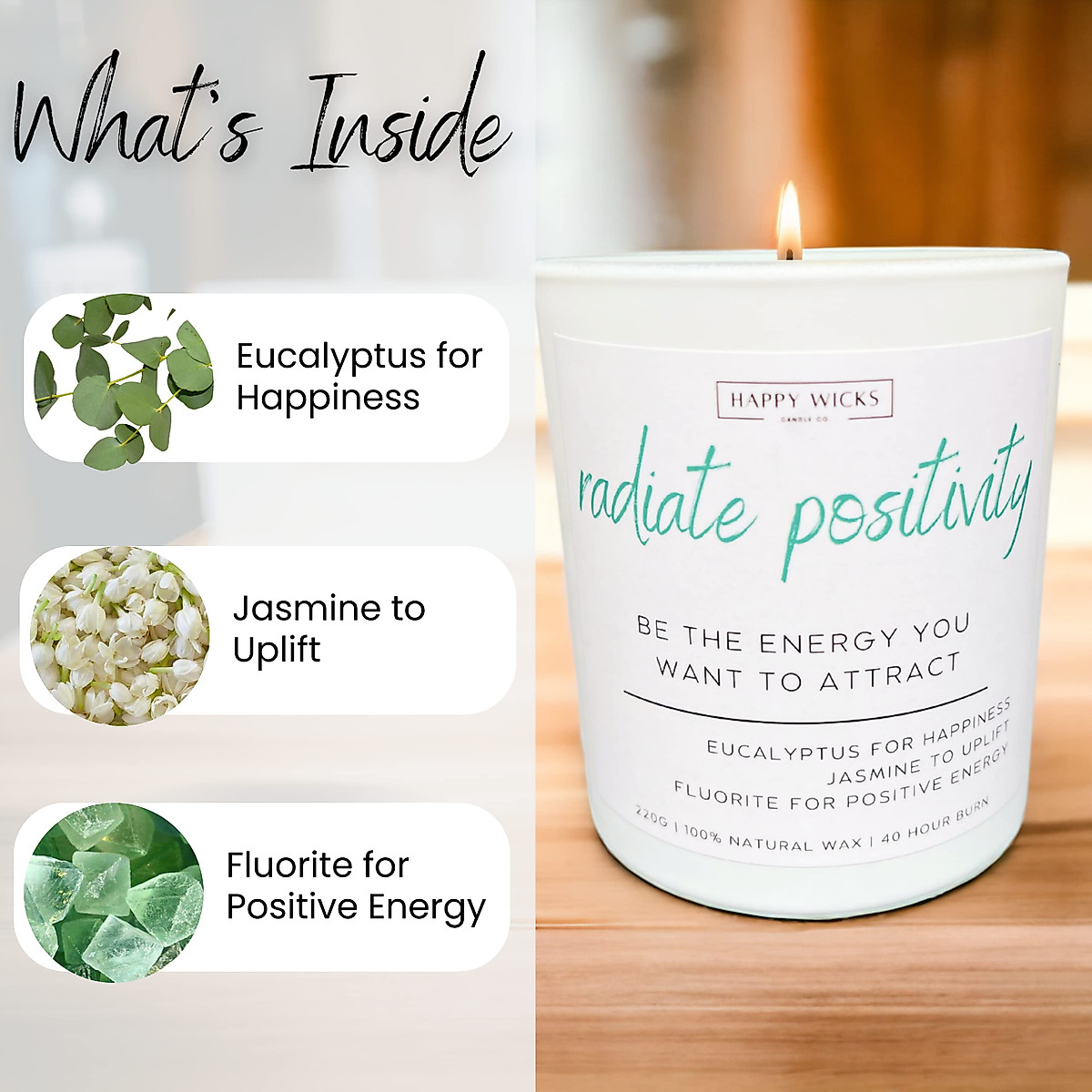 Radiate Positivity Candle for Women: Aromatherapy Decorative Affirmation with Crystals, Meditation & Spiritual Inspiration - Perfect Birthday, Friendship, Thank You Gifts for Her