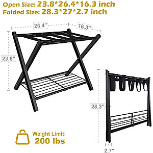 mocomax 1 Pack Folding Luggage Rack for Guest Room, Foldable Suitcase Stand Holder with Metal Storage Shelf for Bedroom, Living Room, Hotel Essentials, Heavy Duty Steel Frame, Black