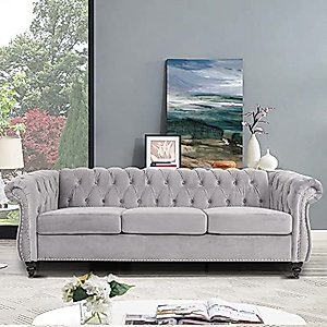 PHOYAL Large Sofa, Velvet Sofa Three-seat Sofa Classic Tufted Chesterfield Settee Sofa Modern 3 Seater Couch Furniture Tufted Back for Living Room (Grey)