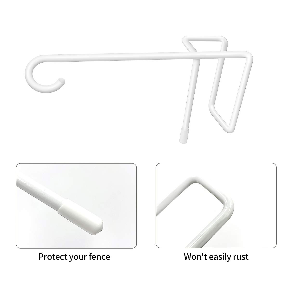 JOYSEUS 2 Pack Vinyl Fence Hooks, 5 x 10 Inches Durable White Powder Coated Steel Fence Hanger for Light, Hanging Plants, Bird feeders, Lights, Pool Equipment…