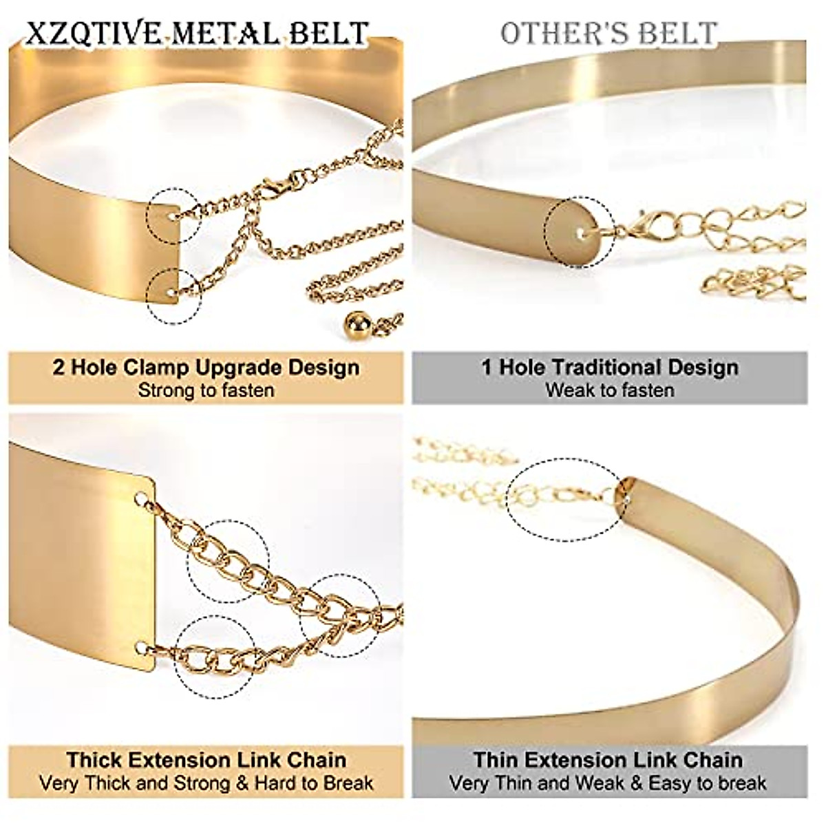XZQTIVE Metal Waist Belt Women Shiny Polished Mirror Gold Chain Belts Metallic Waistband Adjustable Body Link Dress Belts (Gold, 1.57'' Width)