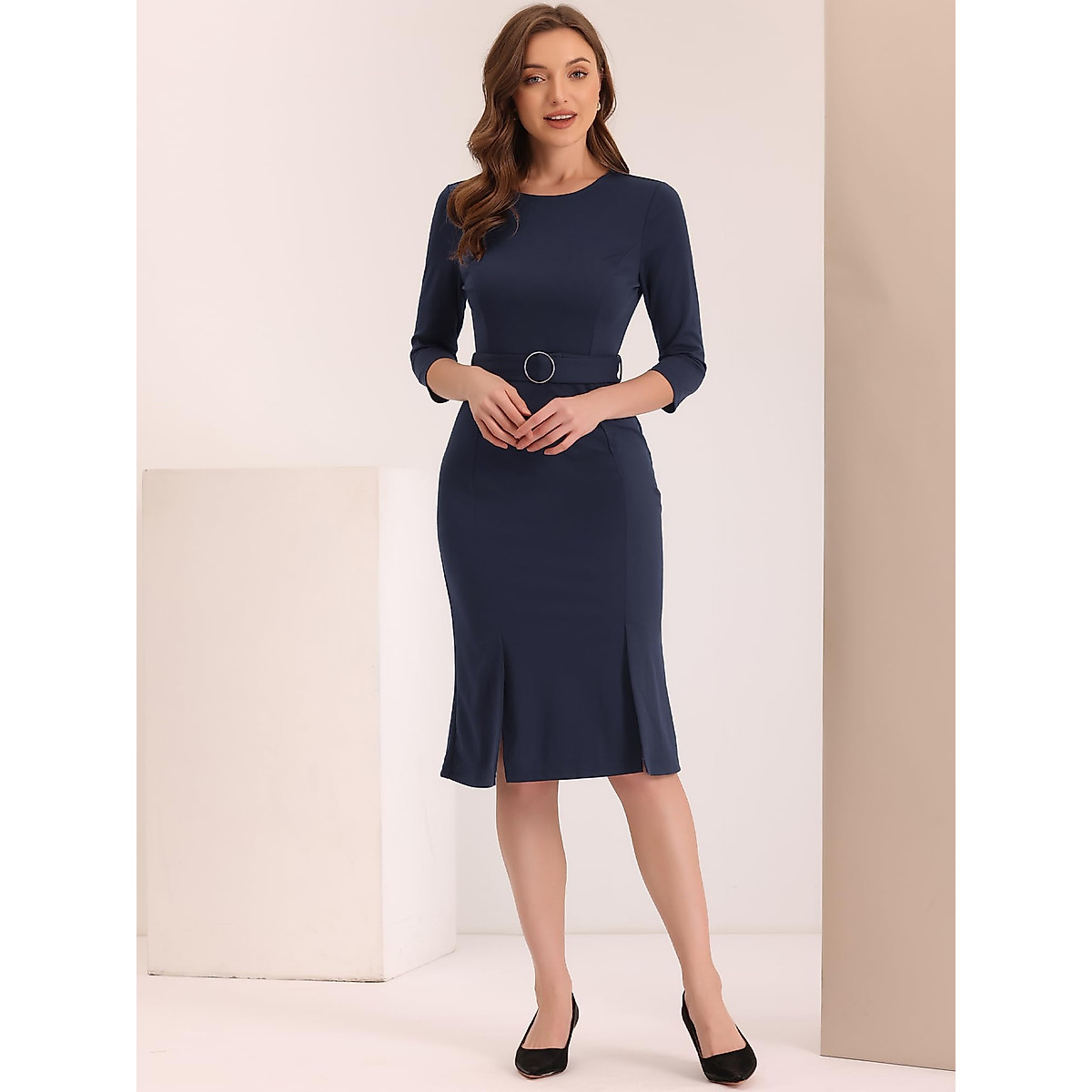 Allegra K Elegant Sheath Dress for Women's Casual Work Belt Sllit Hem Fishtail Dresses Small Dark Blue