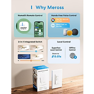 meross Smart Ceiling Fan Control & Dimmer Light Switch, Works w/Apple HomeKit, Alexa, Google & SmartThings, 4-Speed Fan Control, 2.4G Wi-Fi Fan and Light Switch Combo, Neutral Wire Needed, Single Pole