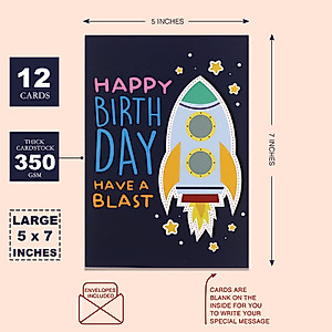12 Large Kids Happy Birthday Cards 5 x 7 Inch – 12 Premium Children Birthday Cards For Him & Her with Illustrated Dogs, Cats, Space Rockets, Planets, and Cute Furry Characters Printed on Thick 350 GSM