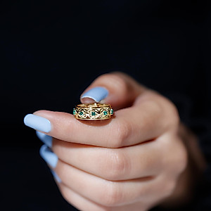 Rosec Jewels Certified Emerald Celtic Knot Eternity Ring, Vintage Inspired Band, AAAA Quality, Lab Grown Emerald Wide Band, 14K Yellow Gold, Size:US 5.00